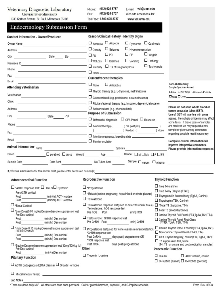 Endocrinology Submission Form - Veterinary Diagnostic Laboratory | PDF | Thyroid Stimulating ...