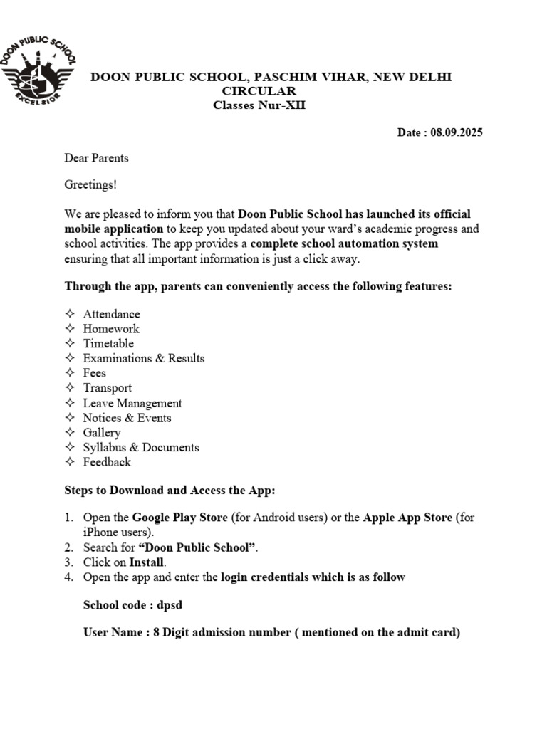 Parental Circular Class Nur - XII (App For Parents) | PDF