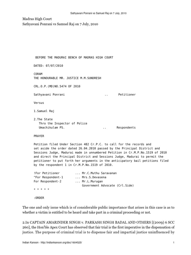 Sathyavani Ponrani Vs Samuel Raj On 7 July, 2010 | PDF | Bail ...