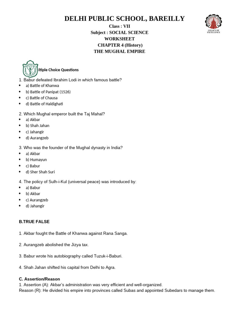 Class7 History the Mughal Empire Worksheet | PDF