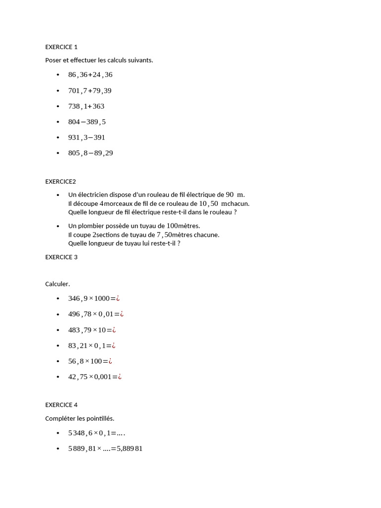 Exercices de calculs mathématiques simples | PDF