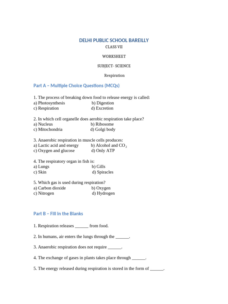 Class VII Science Worksheet on Respiration | PDF | Cellular Respiration ...