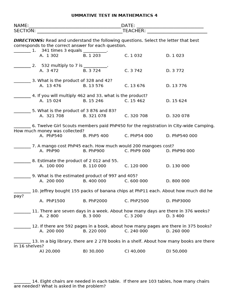 Math4 Q2 W1 2 Summative Test 1 | PDF
