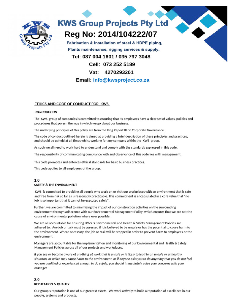 KWS Code of Conduct&Policy (Repaired) | PDF | Occupational Safety And ...