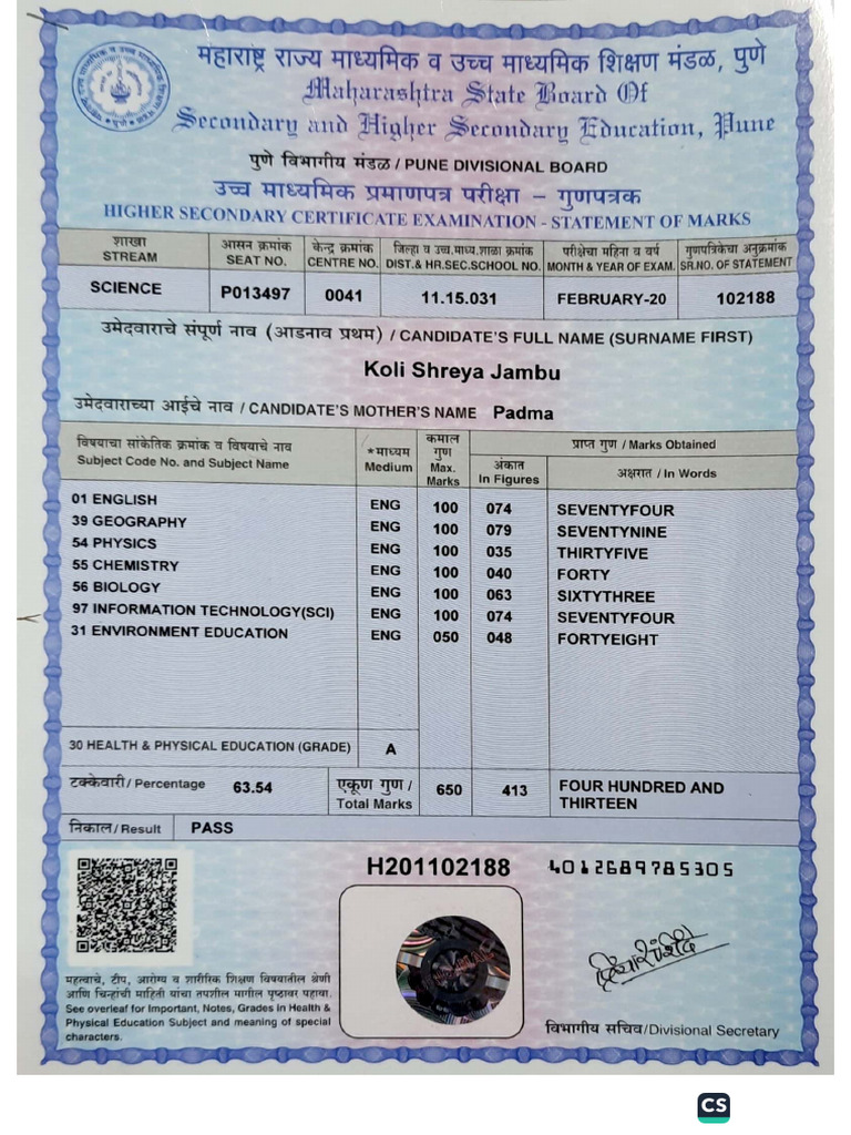 Shreya (12th Marksheet) | PDF