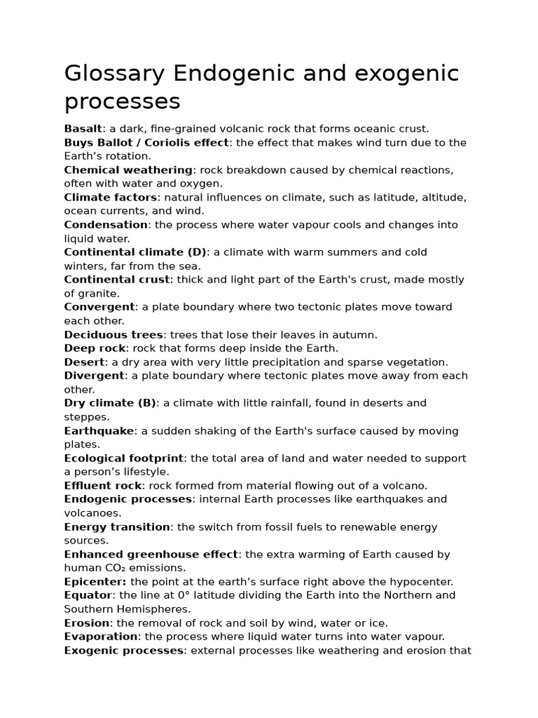Klas 3 V TTO Glossary Endogenic and Exogenic Processes | PDF | Earth ...