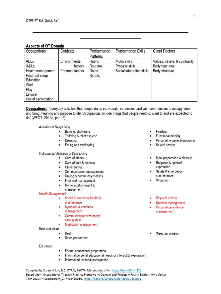 OTPF 4th Edition Quick Reference Guide | PDF | Occupational Therapy ...