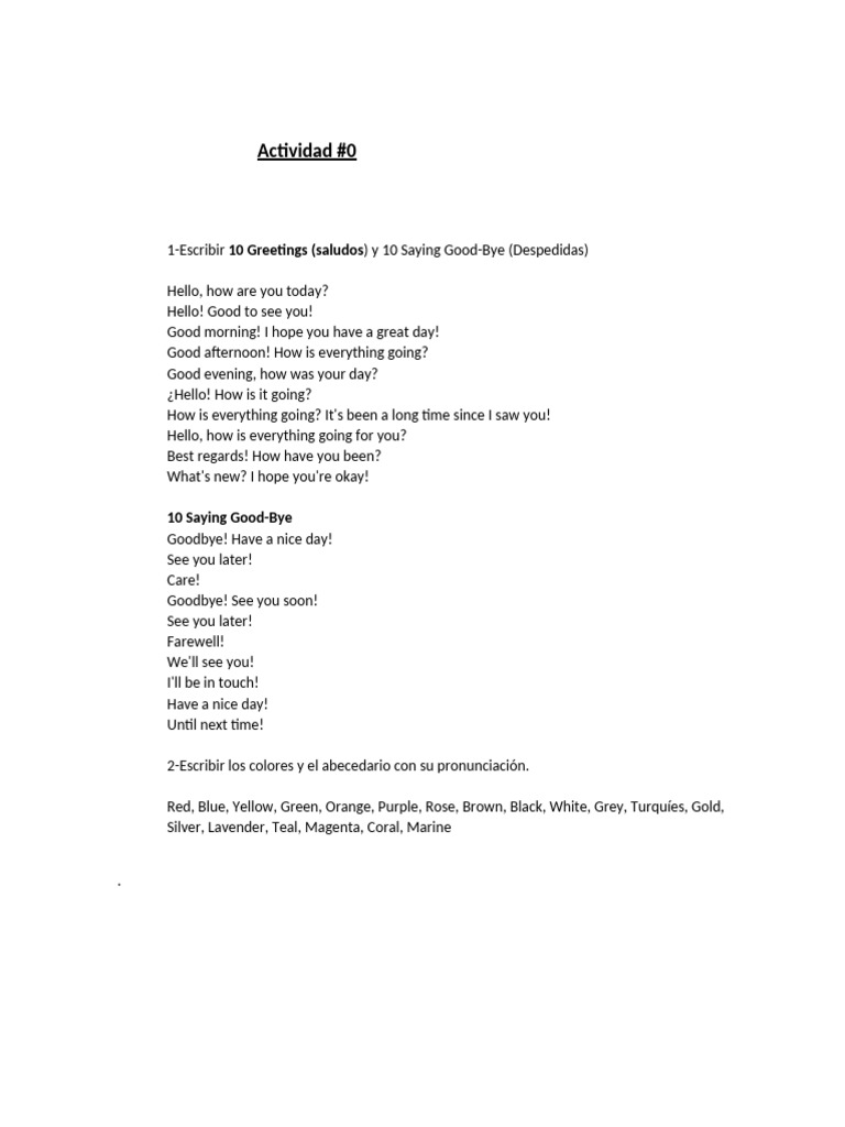 Greetings, Goodbyes, Colors, Alphabet | PDF