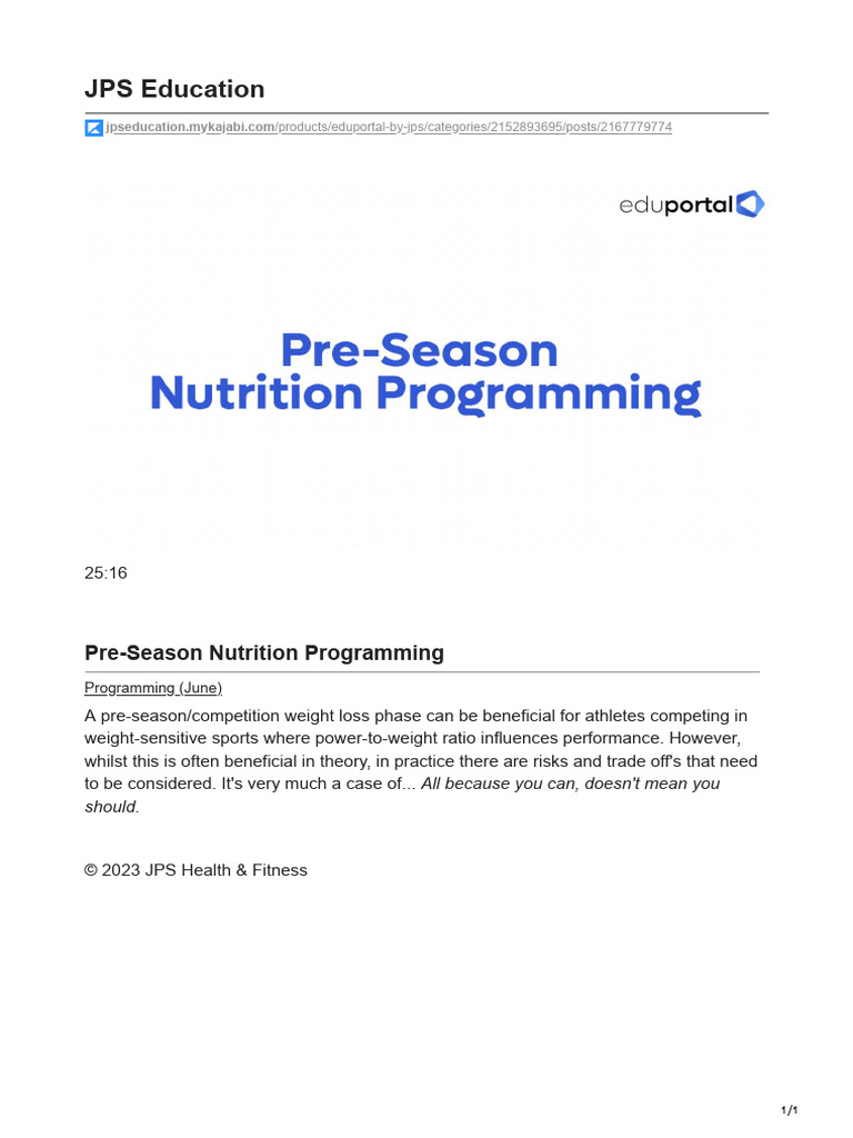 Pre-Season Nutrition Programming | PDF