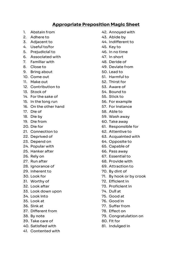Appropriate Preposition Magic Sheet | PDF