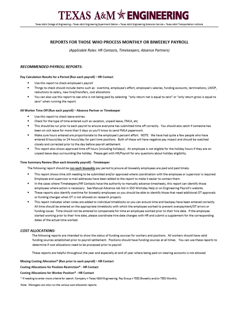Reports For HR Contacts and Timekeepers 21aug20 | PDF | Payroll ...
