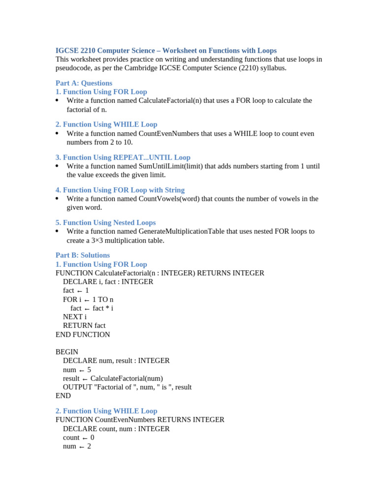 IGCSE 2210 Functions and Loops Worksheet | PDF | Function (Mathematics ...