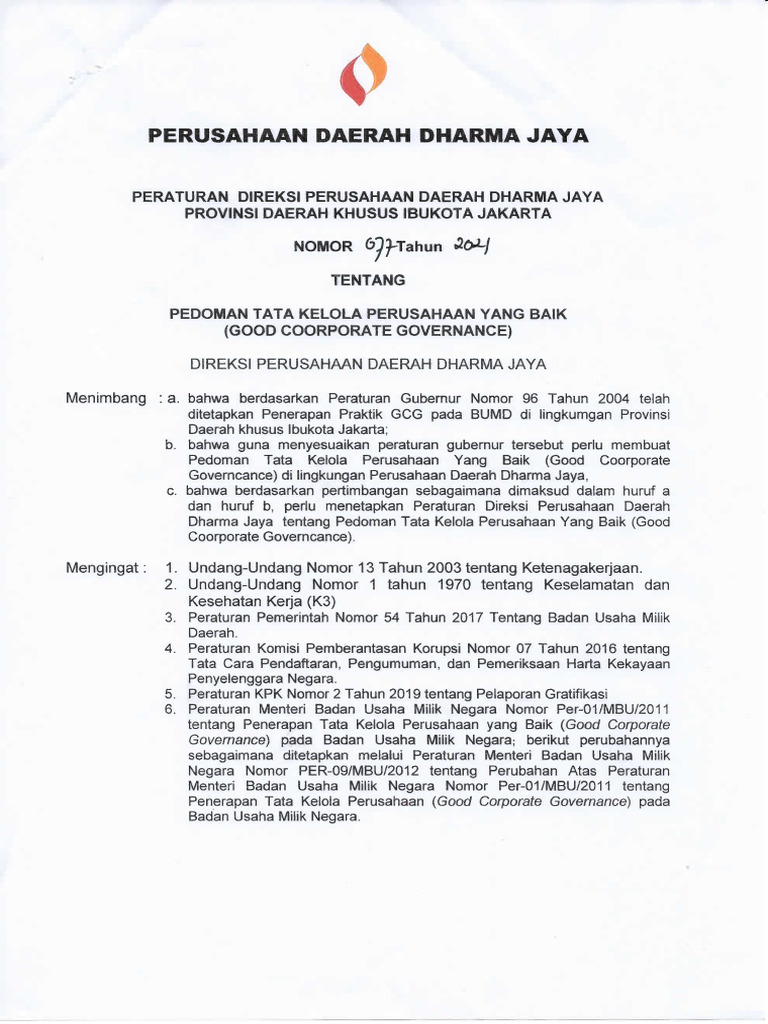 SK Direksi Pedoman Tata Kelola Perusahaan Yang Baik 2021 | PDF