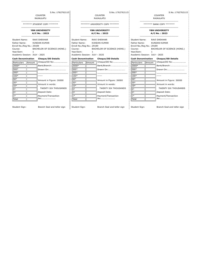 New Admission Fee Deposit Slip | PDF | Cheque | Payments