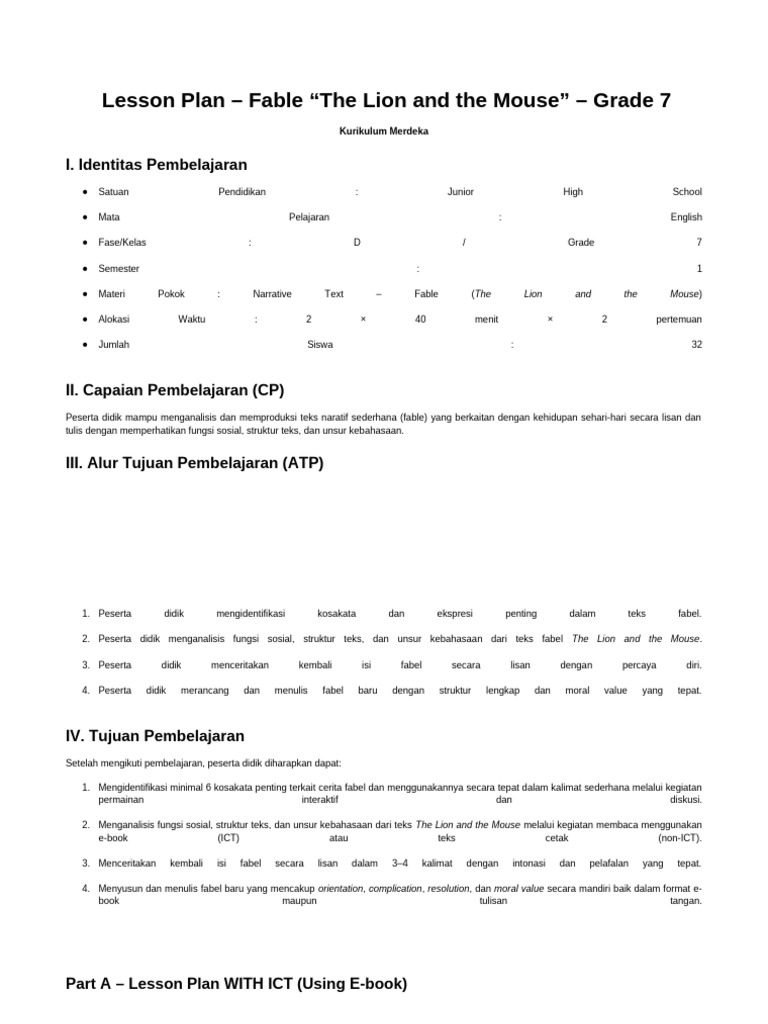 REV. Lesson Plan - Fable "The Lion and The Mouse" - Grade 7-1 | PDF ...