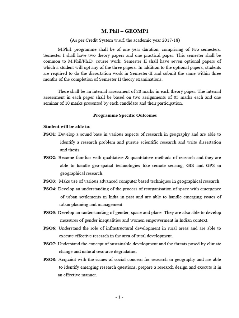 M.phil Geography PSOs & COs | PDF | Spatial Analysis | Thesis