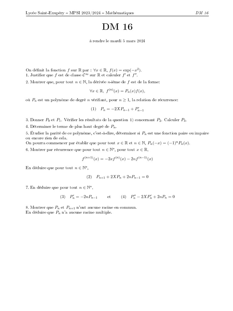 Analyse des dérivées de f(x) = exp(-x²) | PDF
