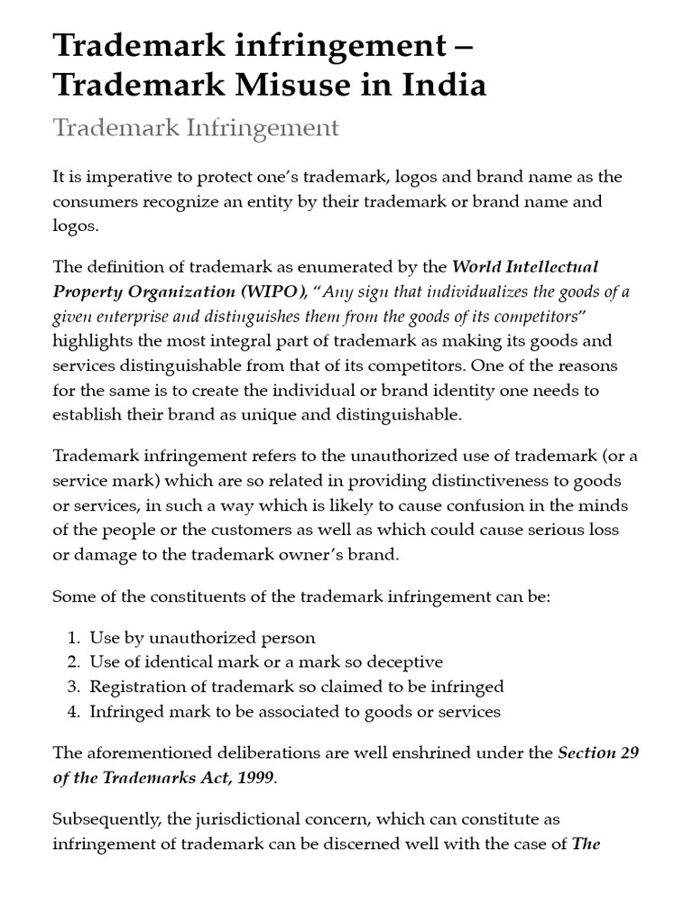 Trademark Infringement in India Explained | PDF | Trademark | Trademark ...
