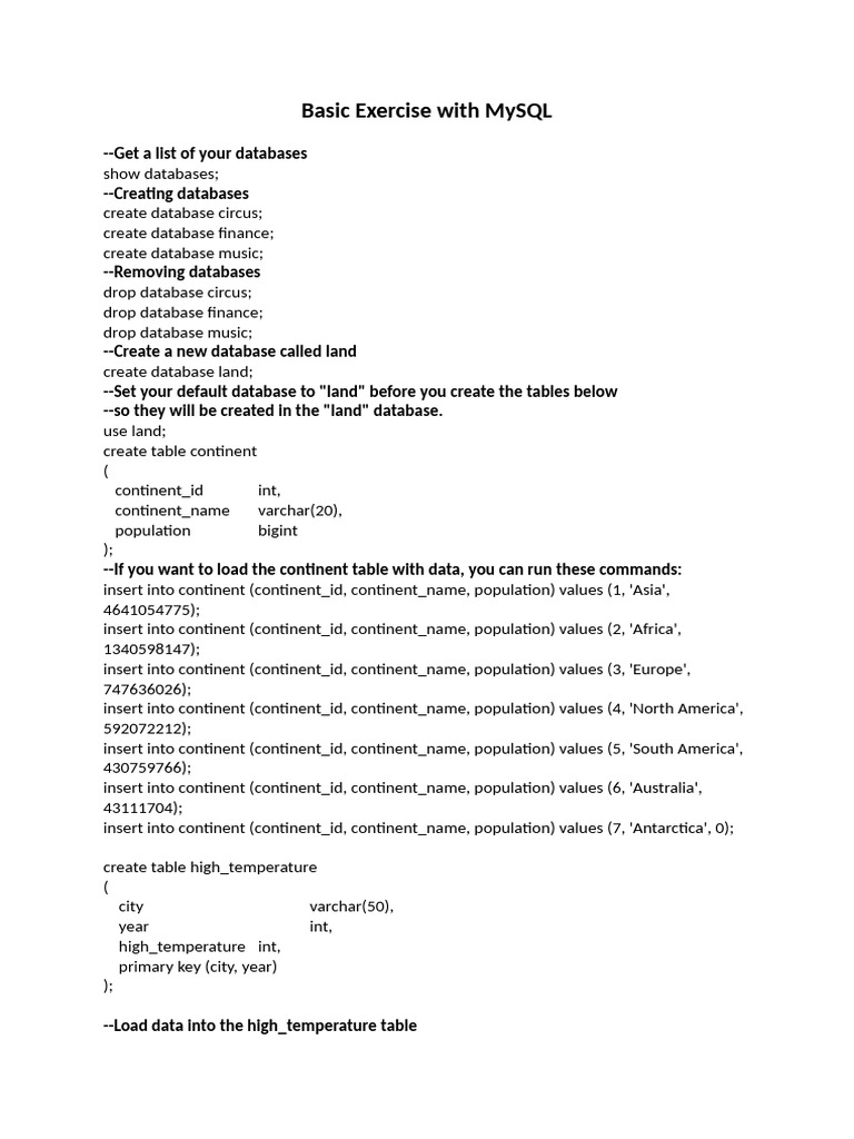 Basic Exercise With MySQL-1 | PDF | Databases | Continent
