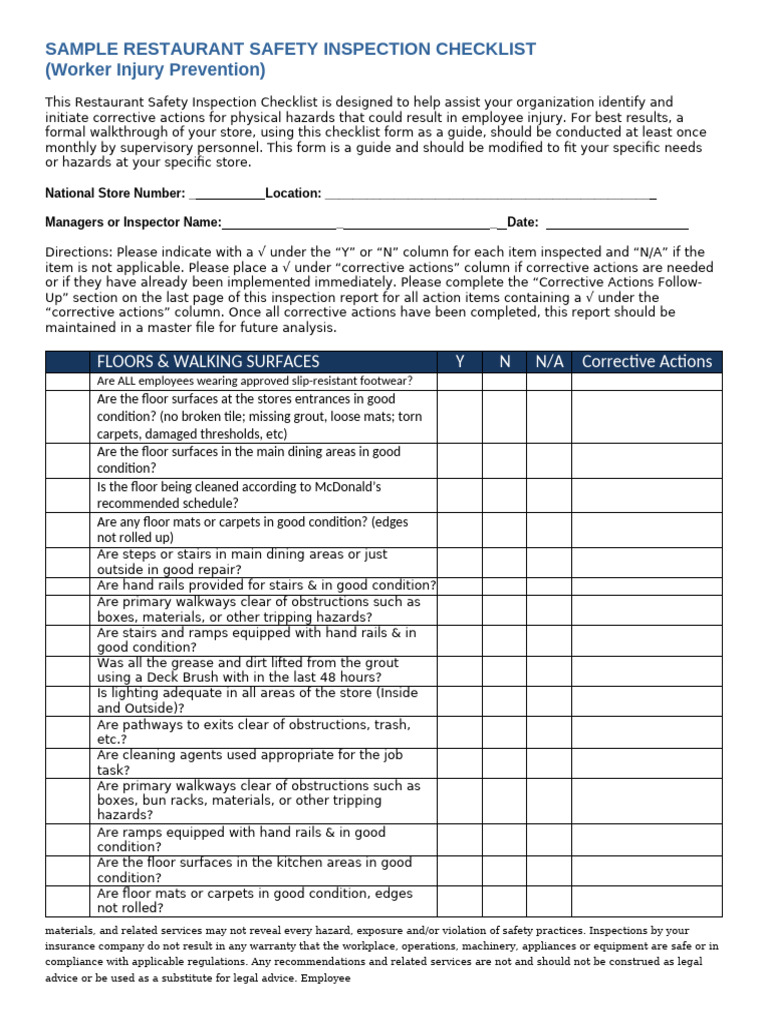 Restaurant Safety Inspection Checklist | PDF | Occupational Safety And ...