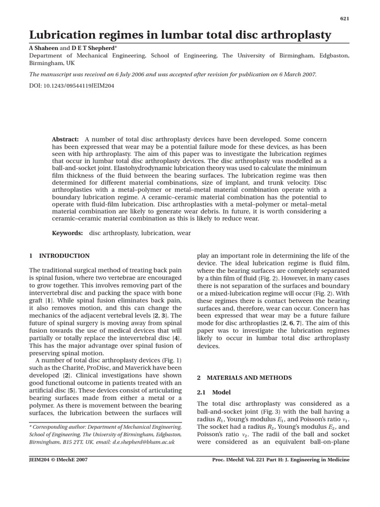 Lubrication Regimes in Lumbar Total Disc Arthroplasty | PDF | Young's ...