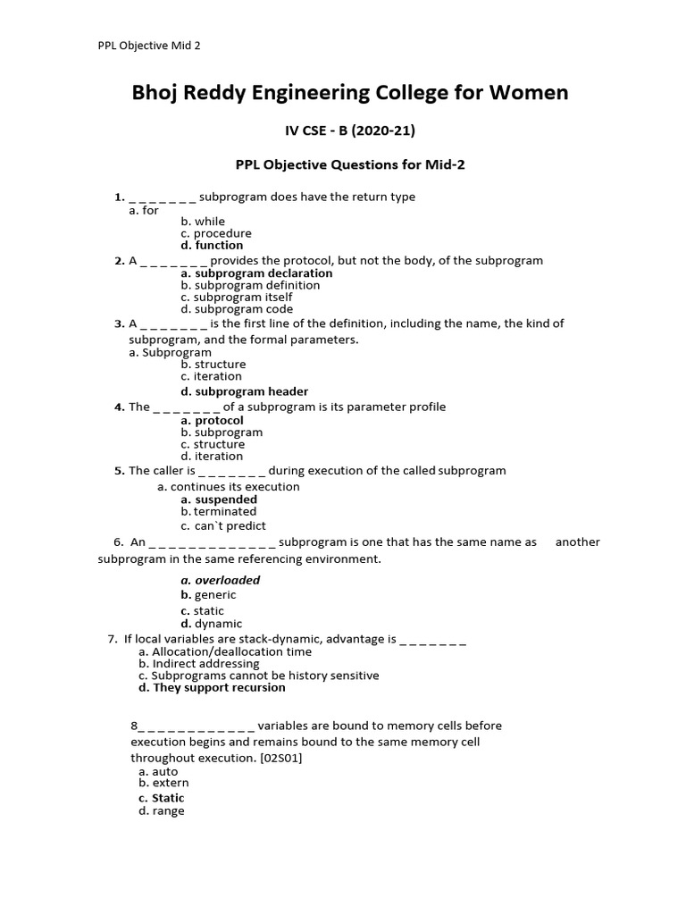 PPL Objective Questions for Mid-2 Exam | PDF | Programming ...