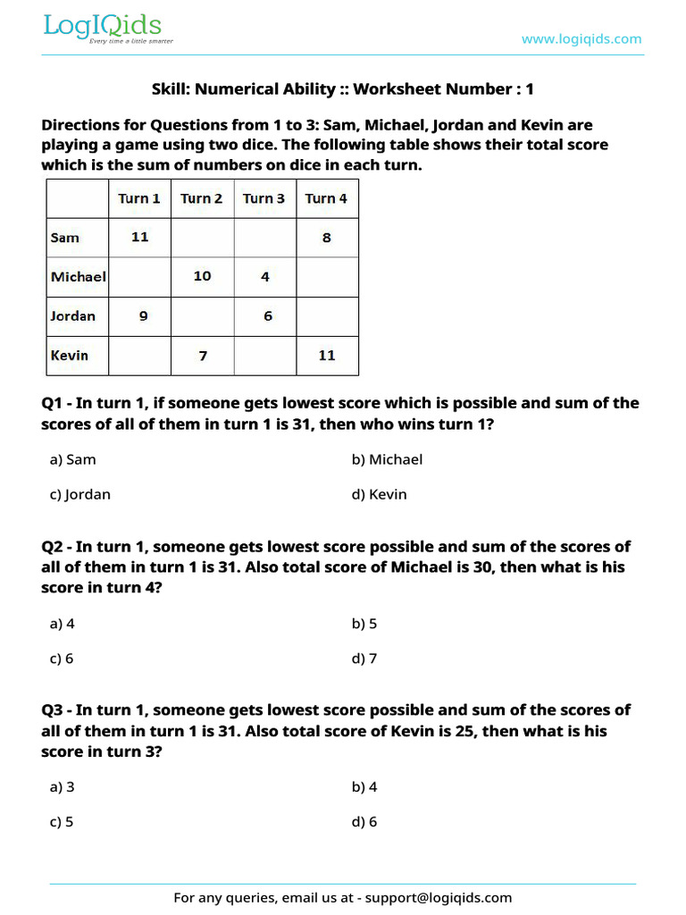 Skill: Numerical Ability:: Worksheet Number: 1 Skill: Numerical Ability ...