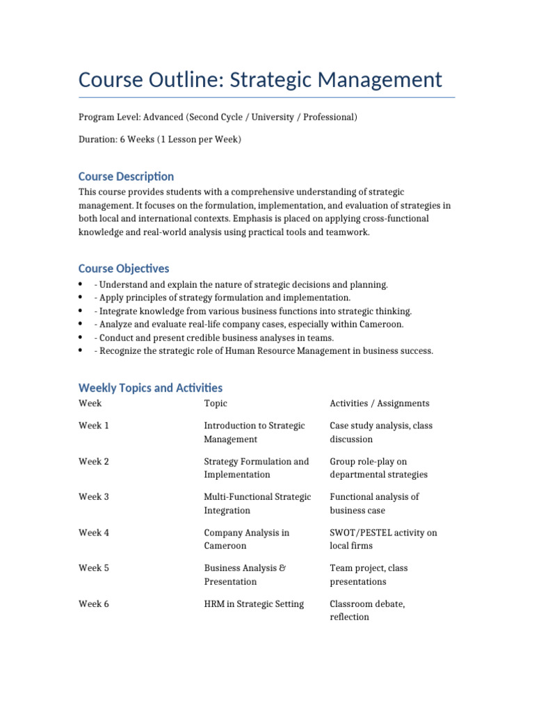 Strategic Management Course Outline | PDF