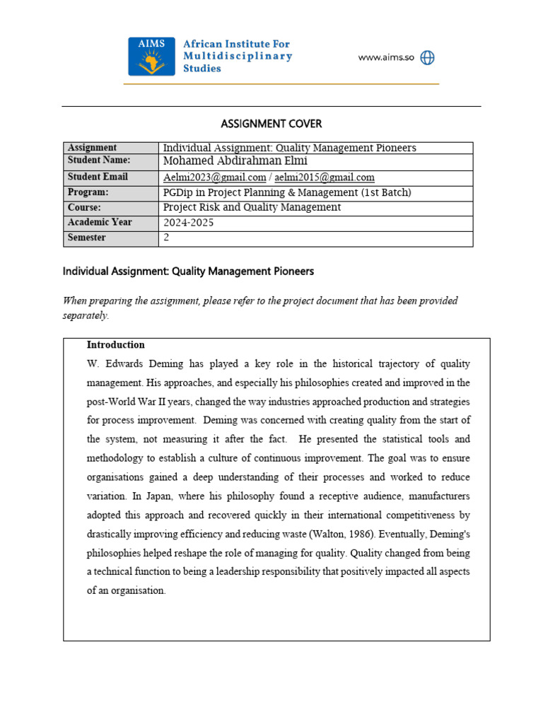 Individual Assignment Quality Management Pioneers-Mohamed Abdirhaman ...