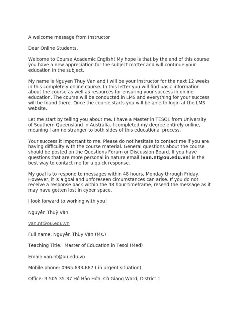 A Welcome Message From Instructor | PDF