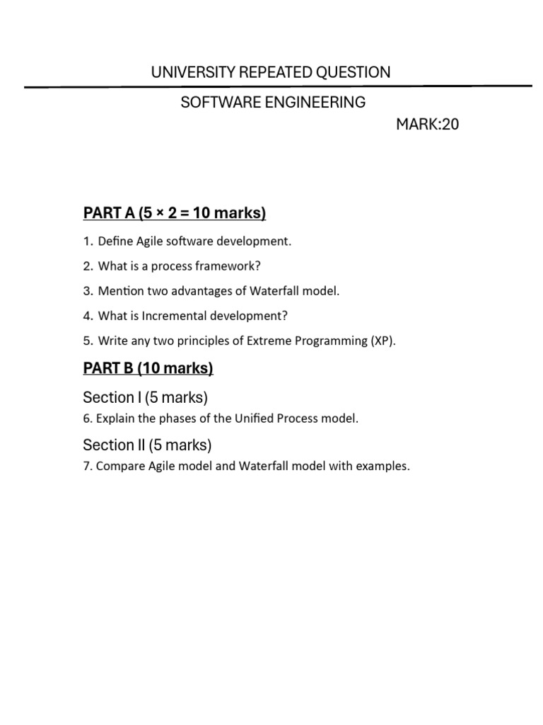 University Repeated Question Software Engineering MARK:20: PART A (5 × ...
