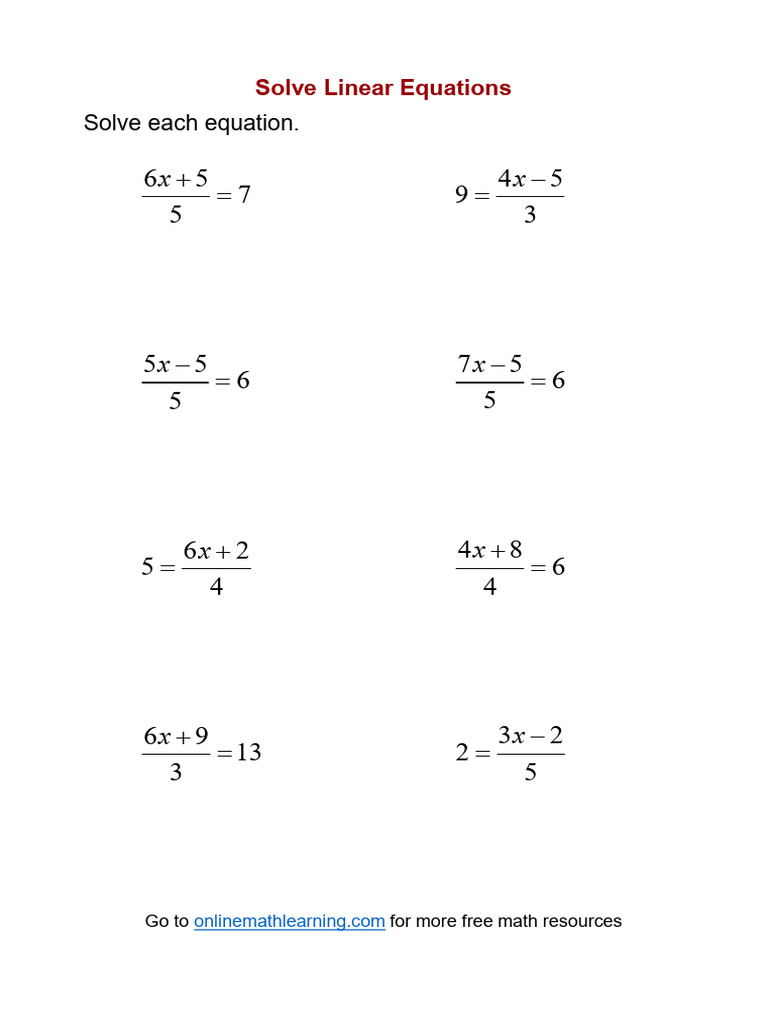Linear Equation Fraction Worksheet | PDF