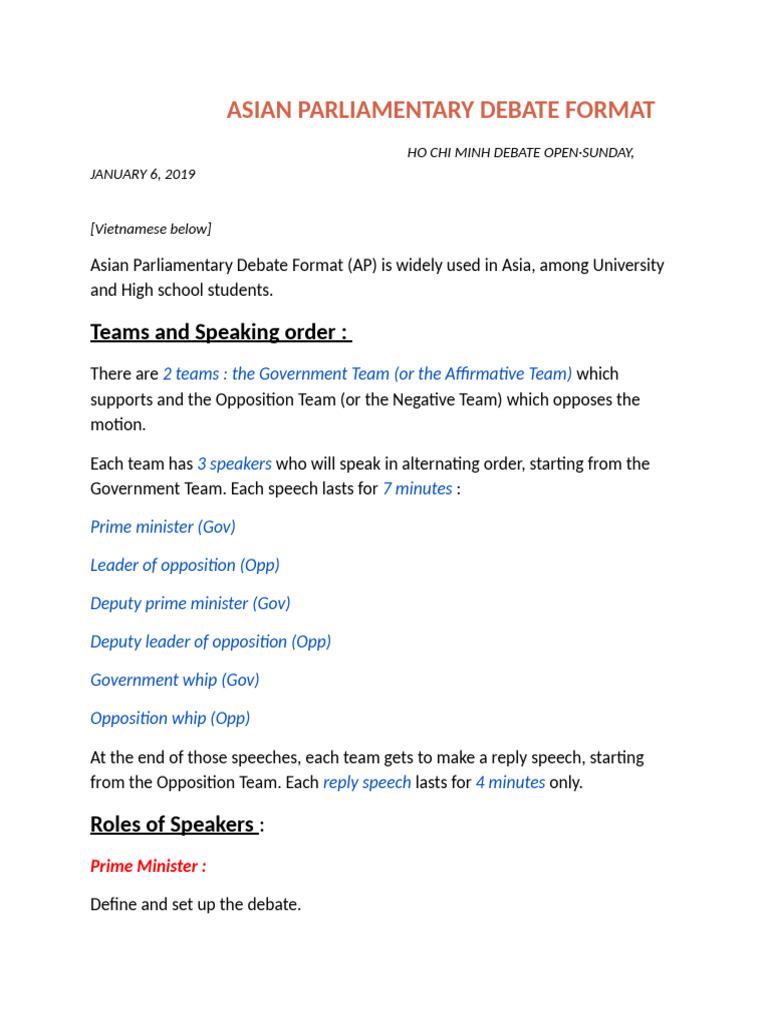 Asian Parliamentary Debate Format | PDF