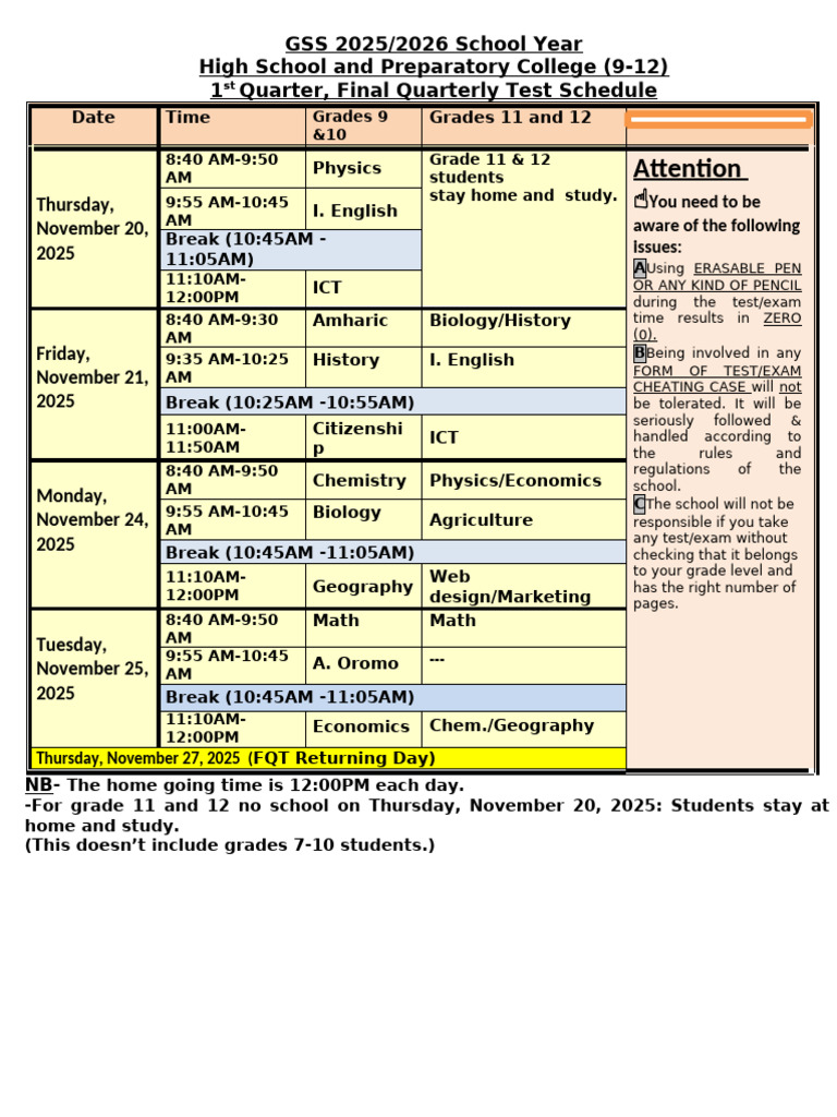 Grades 9-12 FQT Schedule | PDF | Educational Stages