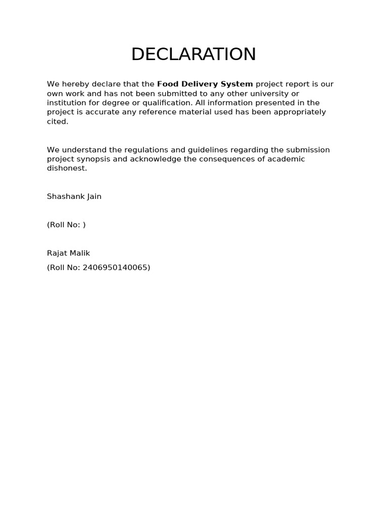 Food Delivery System Project Declaration | PDF