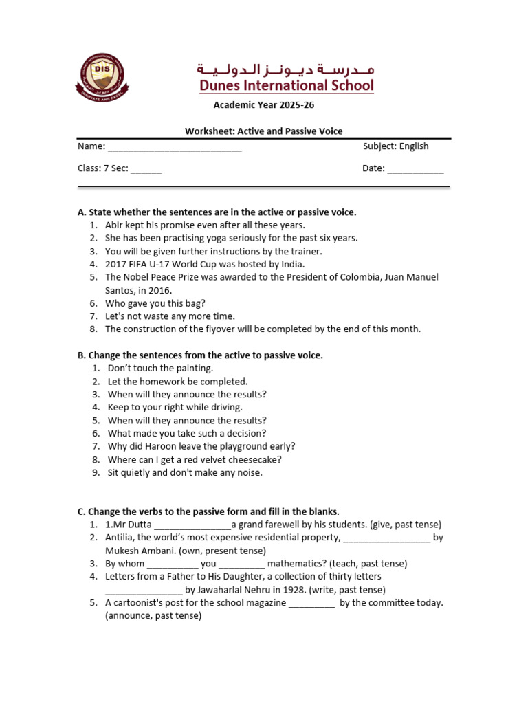 Active vs Passive Voice Worksheet | PDF