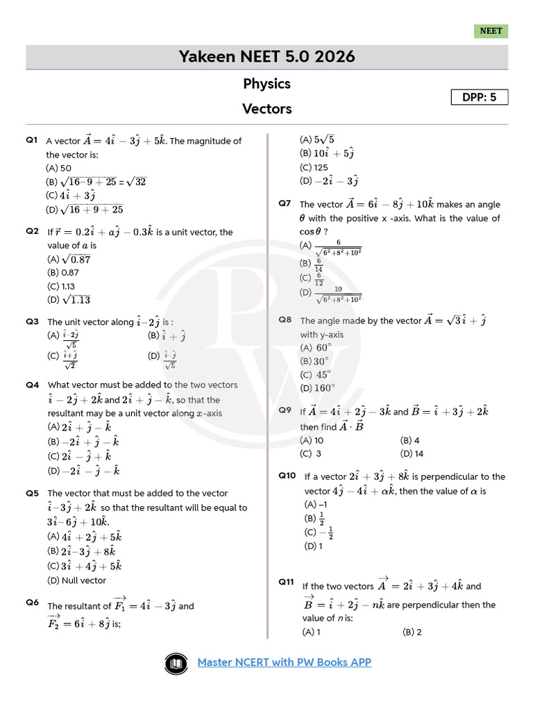 Vectors DPP 05 Yakeen NEET 50 2026 | PDF | Physical Quantities | Algebra