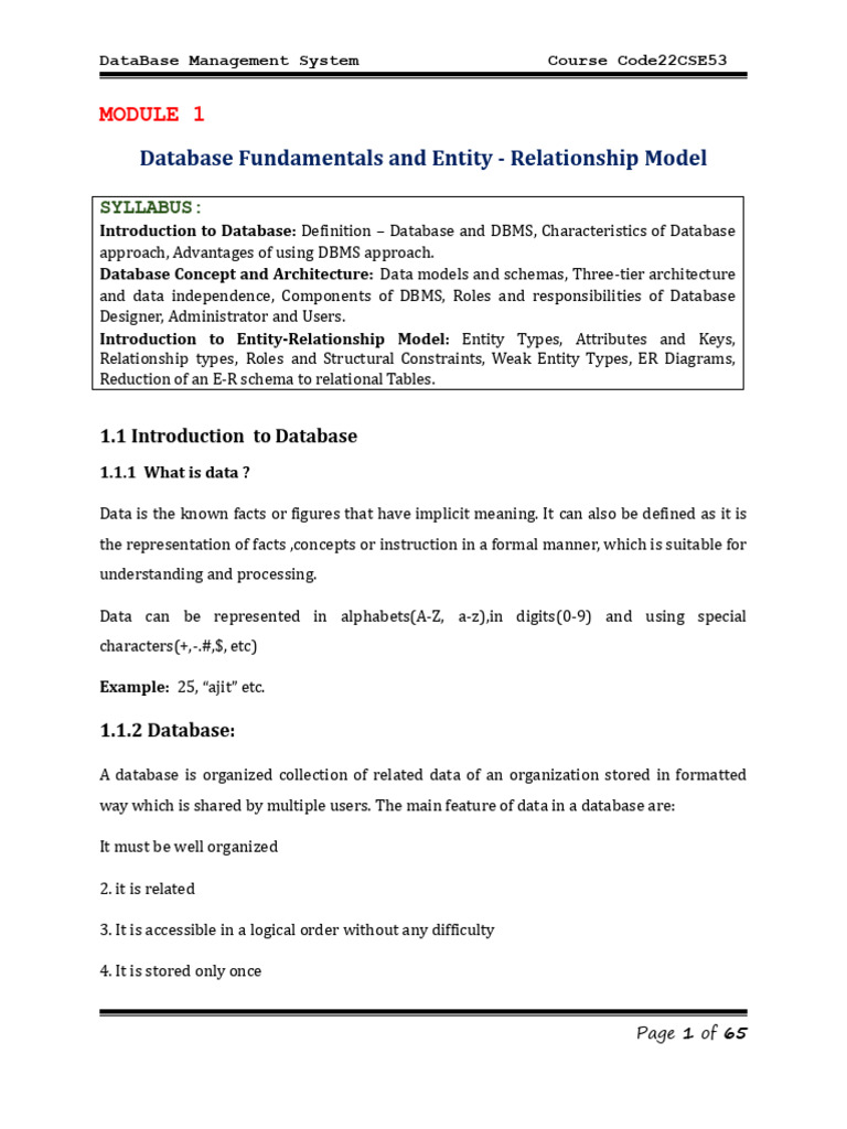 DBMS Module 1 | PDF | Databases | Data Model