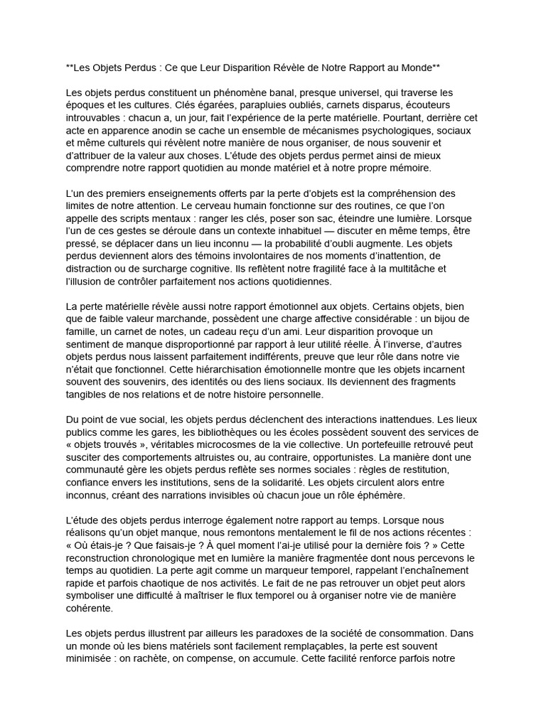 Objets Perdus : Révélateurs de Valeurs | PDF | Mémoire | Attention