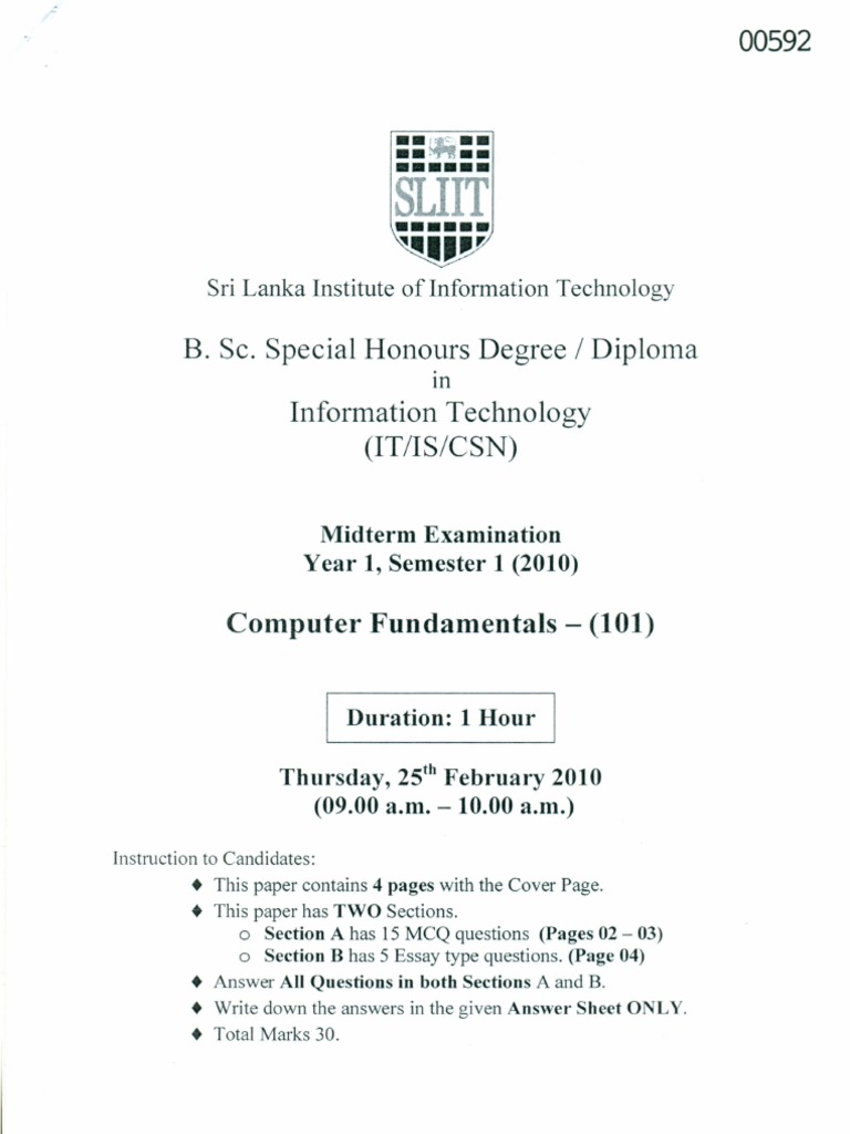 Mid Semester Exam - Computer Fundamentals - (101) - SLIIT | PDF ...