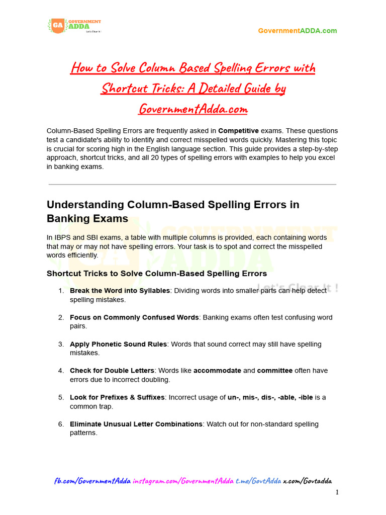 How To Solve Column Based Spelling Errors Shortcut Trick With 100 | PDF | Spelling | Linguistics