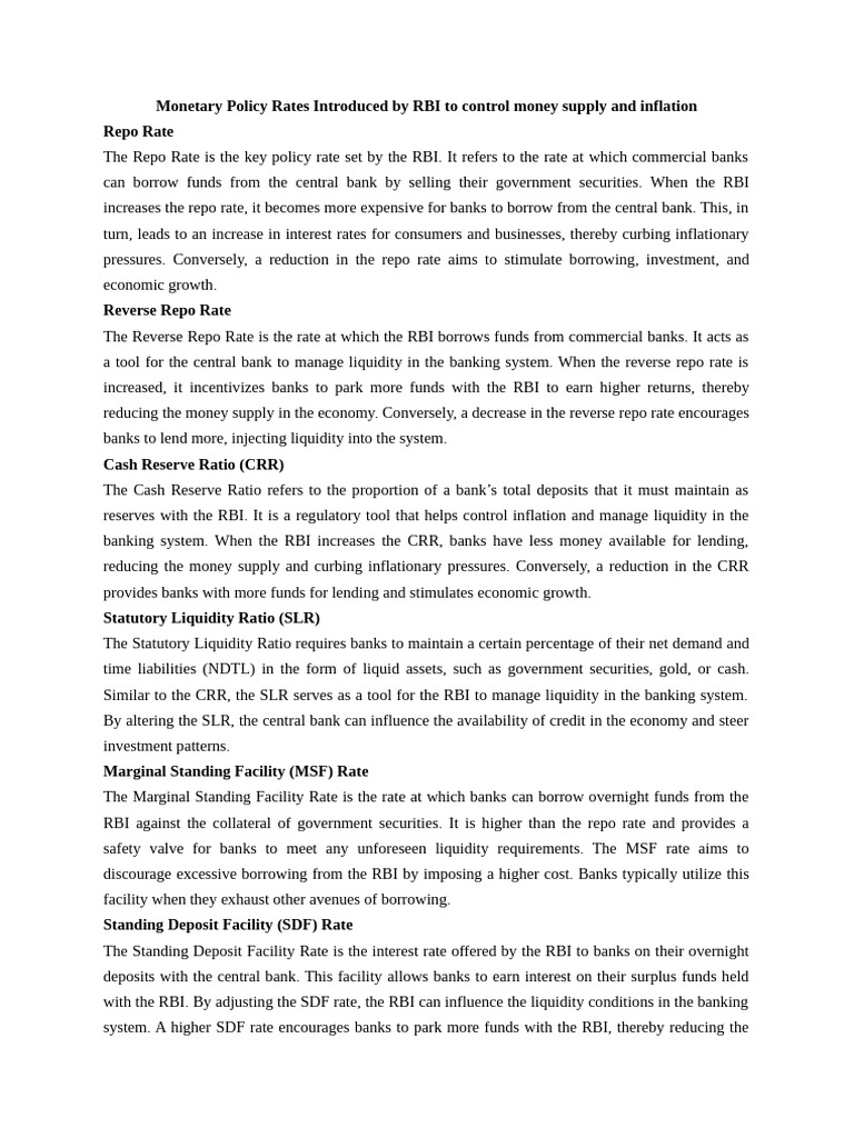 Notes On Bank Rates of RBI To Control Money Supply | PDF | Reserve Bank ...