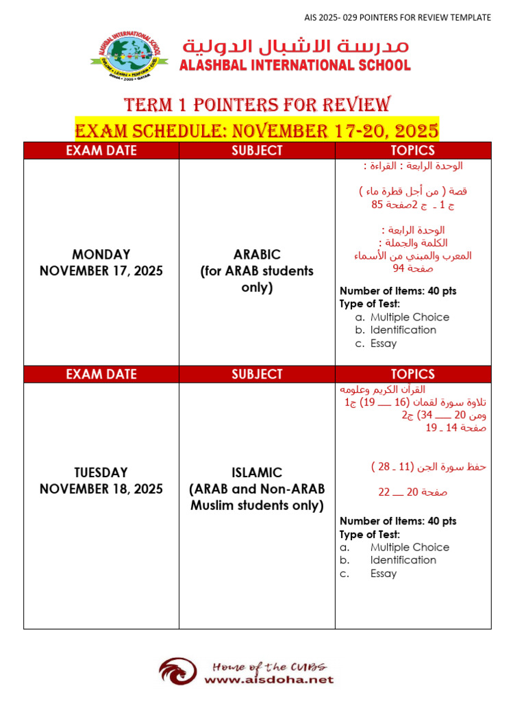 Ais 2025 029 Pointers For Review Template - Preparatory | PDF | English Language | Multiple Choice