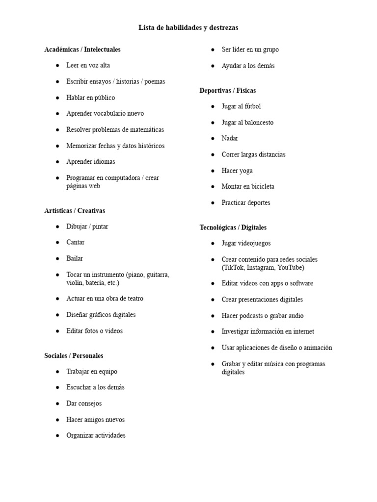 SSL 8th - Lista de Habilidades y Destrezas | PDF