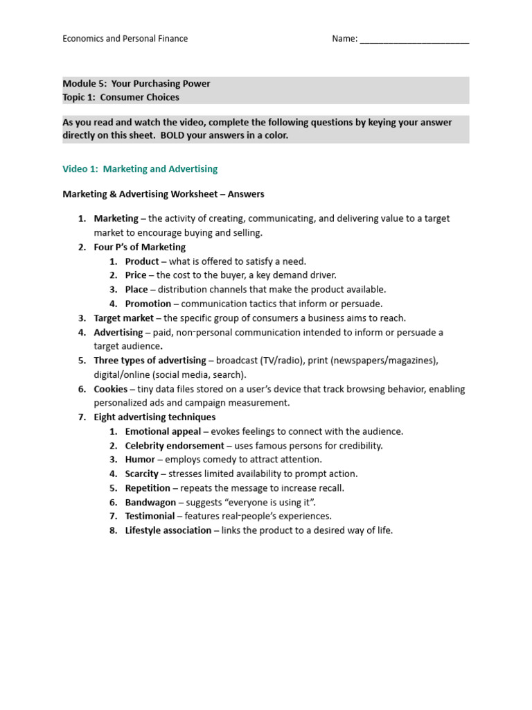 Module 5 Topic 1 Consumer Choices | PDF | Advertising | Marketing