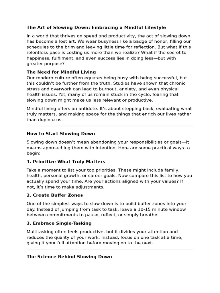 The Art of Slowing Down | PDF | Happiness | Psychology