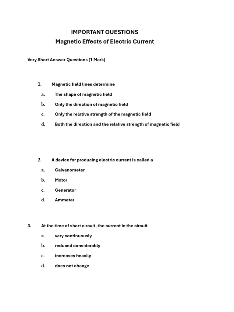 Magnetic Effect Important Questions | PDF | Electric Generator ...