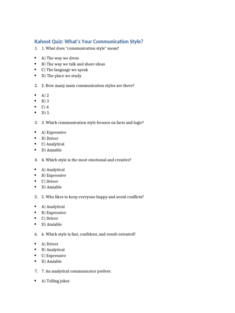 Kahoot Communication Style Quiz | PDF