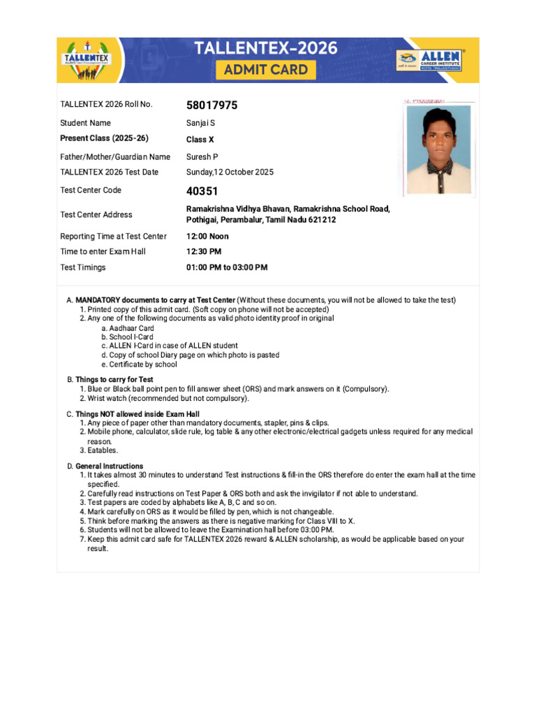 Tallentex 2026 - Admit Card | PDF