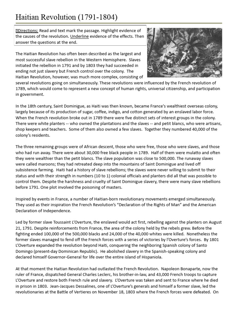 Haitian Revolution Reading and Questions - CP PDF | PDF | Haiti | Slavery
